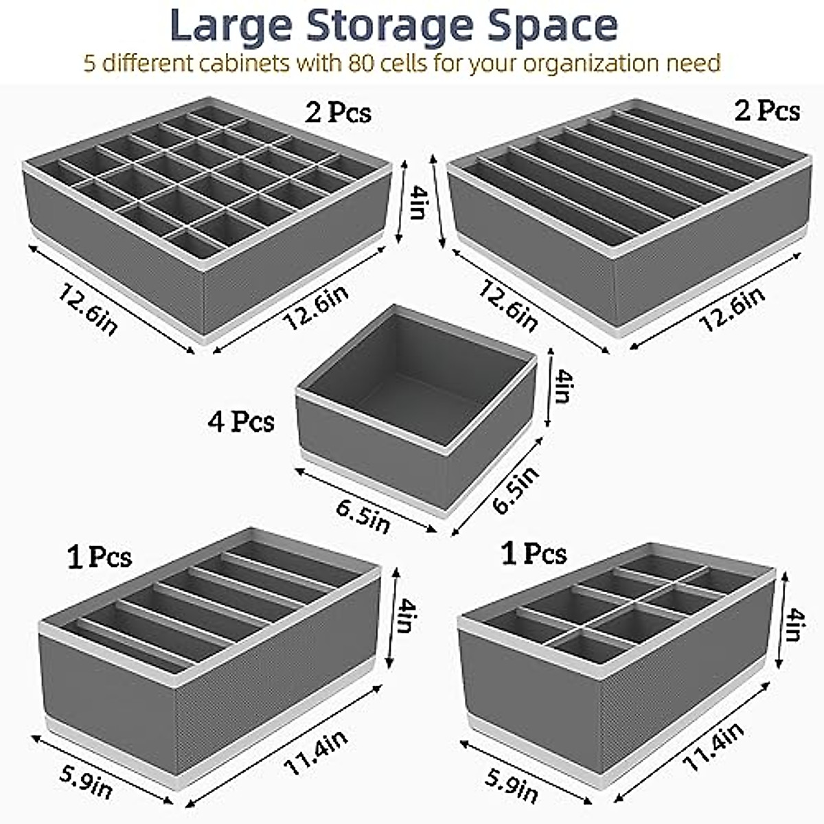 10 Pack Dresser Drawer Organizers for Clothing, Total 80 Cell Underwear Organizer Bra Sock Organizer for Drawer Divider Foldable Closet Organizers and Storage for Baby Clothes, Bras, Socks, Darkgrey