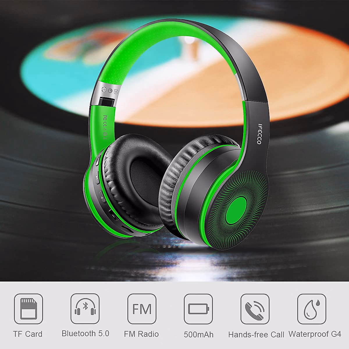 IFECCO Wireless Bluetooth Headphones Over Ear with Build-in Microphone and 3.5mm Cable for Wired Headset Mode with Comfortable Soft Earpads Long Battery Life HD Stereo Sound (Green)