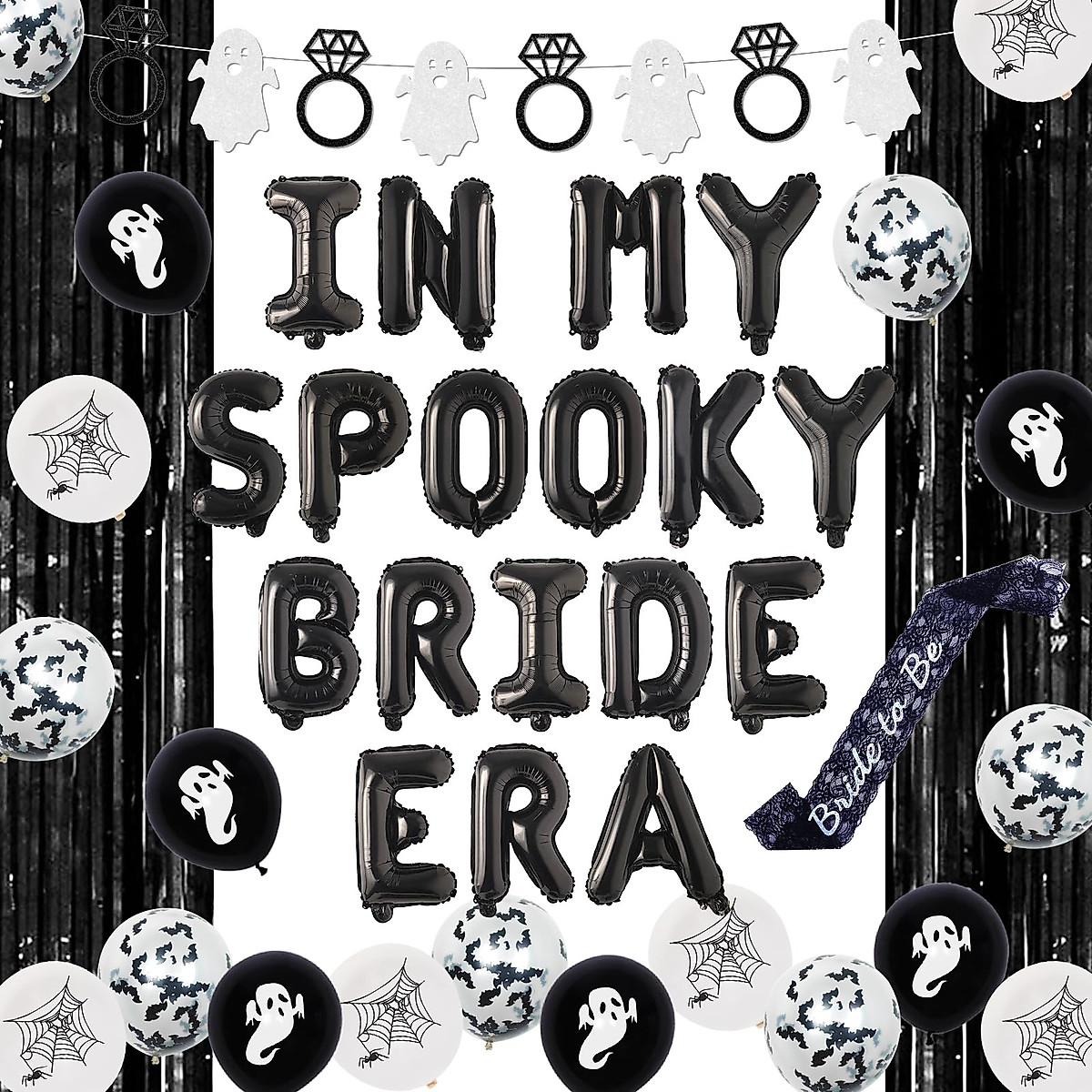 In My Spooky Bride Era Bachelorette Party Decoration Black In My Spooky Bride Era Balloon Banner Diamond Ghost Garland Black Foil Curtain Bride to Be Sash for Bridal Shower Engagement Wedding Supplies