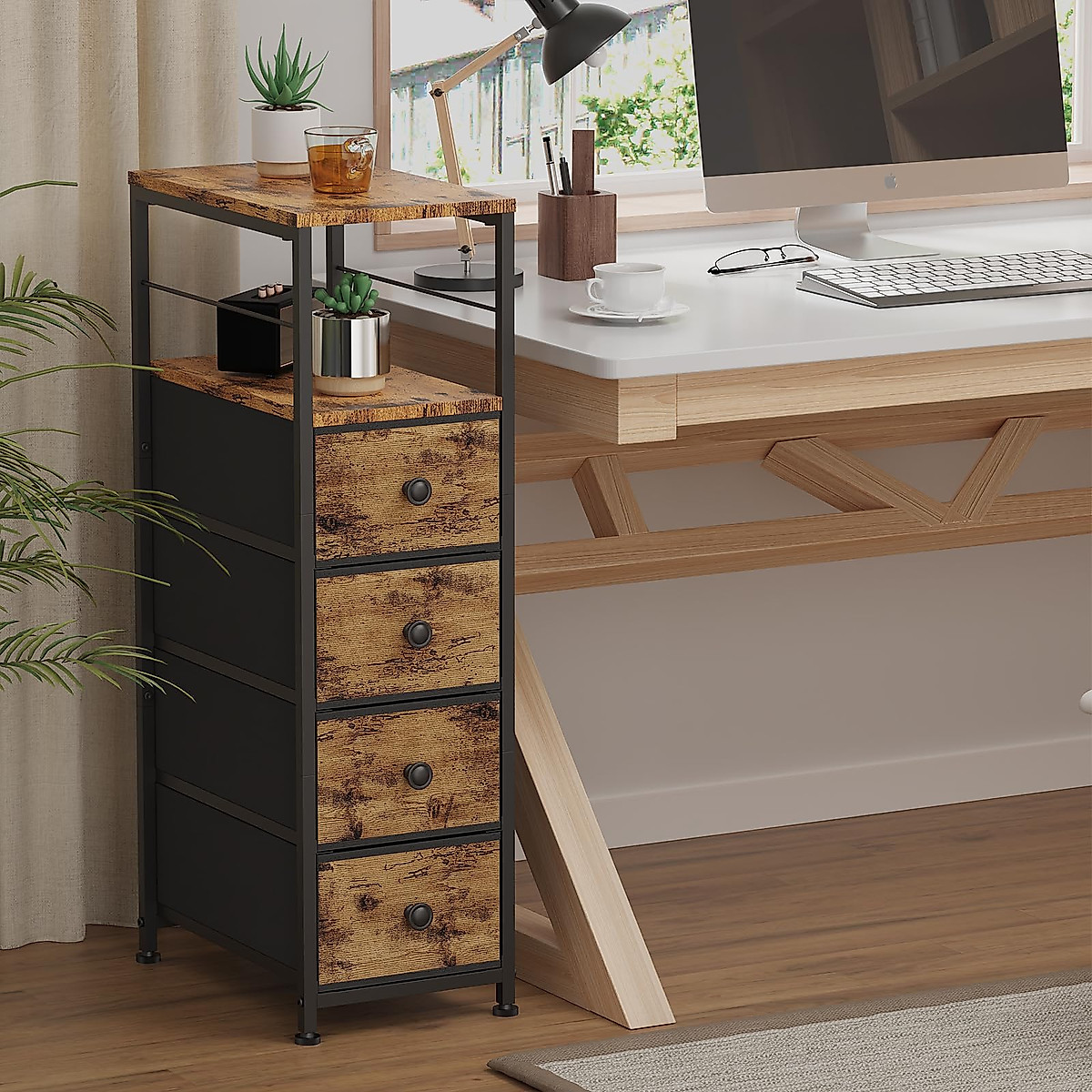 YBING Narrow Side Tables for Small Spaces, Slim Dresser with 4 Fabric Drawers, Small Chest of Drawers, Skinny Nightstand,Wood Brown