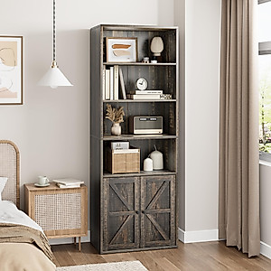 GAOMON Bookcase with Doors Farmhouse Bookshelf 11.8in Depth Wooden Display Storage Shelves 71.4in Tall Bookcases Industrial 6 Shelf Grey Bookshelves for Bedroom, Living Room, Home Office
