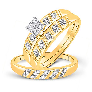 Sizes - L = 7, M = 10 - 10k Yellow Gold Mens and Ladies Couple His & Hers Trio 3 Three Ring Bridal Matching Engagement Wedding Ring Band Set - Round Diamonds - Princess Shape Center Setting (.08 cttw) - Please use drop down menu to select your desired rin