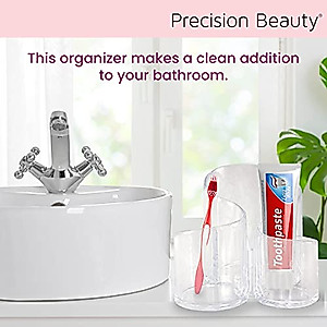 Bathroom Vanity Organizer by Precision Beauty | Countertop Cabinet Bathroom Storage Unit | Brush Toothbrush Toiletries Dispenser Clear Plastic