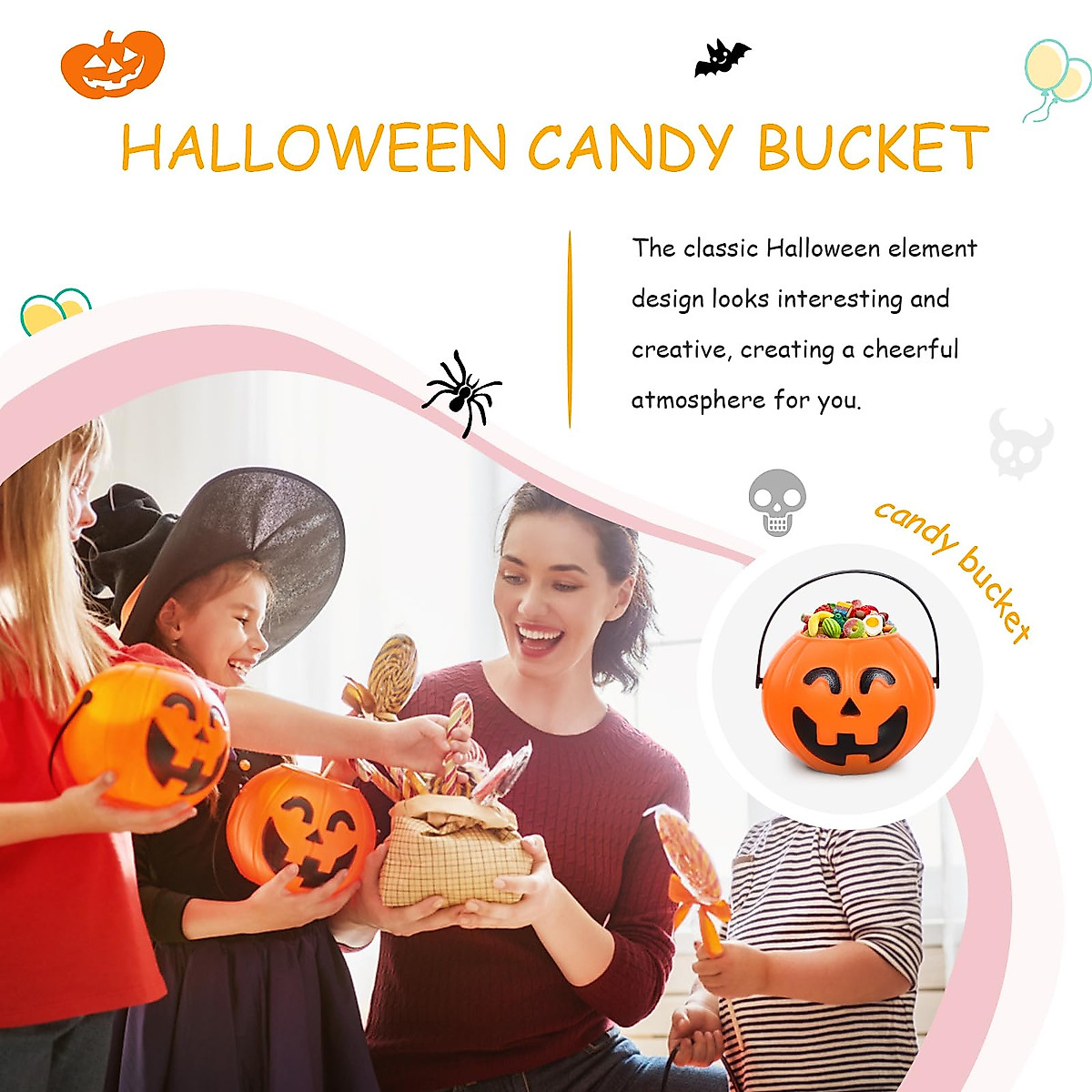 SAFIGLE 2 Pcs 17cm Large Plastic Halloween Pumpkin Buckets - Portable Trick or Treat Candy Pails for Kids, Perfect for Halloween Party Decorations Plastic Trick or Treat Buckets Pumpkin Pail