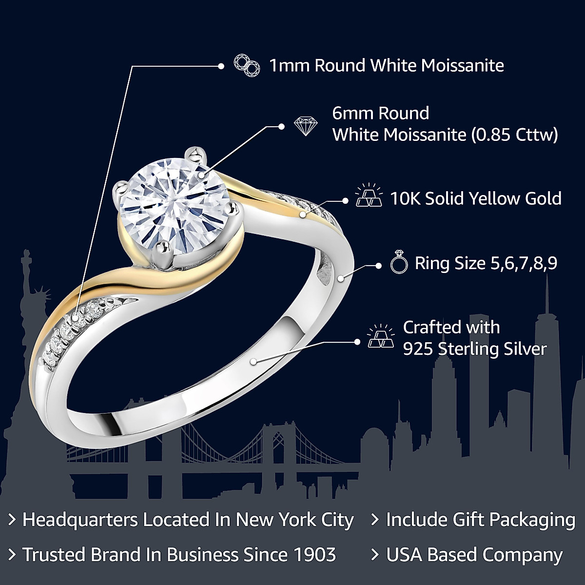 Gem Stone King 925 Sterling Silver and 10K Yellow Gold White Moissanite Engagement Ring For Women (0.85 Cttw, Available In Size 5, 6, 7, 8, 9)