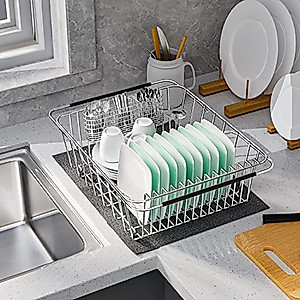 Sink Dish Drying Rack, Expandable 304 Stainless Steel Metal Dish Drainer Rack Organizer Shelves with Stainless Steel Utensil Holder Over Inside Sink, Rustproof