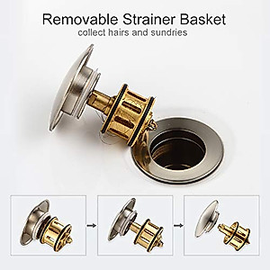 HOMELODY Vessel Sink Drain, 1 5/8" Bathroom Sink Drain with Removable Brass Strainer Basket, Anti-clogging Pop Up Drain Stopper Brushed Nickel without Overflow, HL8018ABN