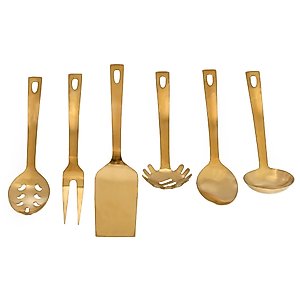 Darware Complete Serving Spoon & Utensil Set (6-Piece Set, Gold); w/Pasta Server, Fork, Spoon, Slotted Spoon, Ladle, & Cake/Casserole Server