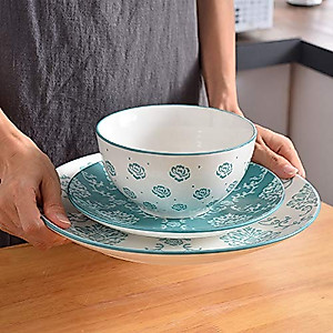 Original Heart 12-Pieces Dinnerware Sets Ceramic Dish Set, Plates and Bowls Sets, Dishes Set for 4, Nonstick Plate Set, Durable Stoneware Plates, Dishes, Soup and Cereal Bowls, Turquoise, for kitchen
