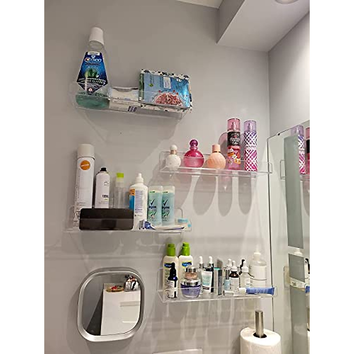 15 inch Clear Acrylic Floating Wall Ledge Shelf Display,6pcs Wall Mounted Nursery Kids Bookshelf Invisible Spice Rack, Bathroom Storage Shelves Display for Bedroom Office Toy Picture Ledge, 5MM Thick