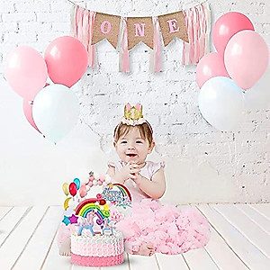 Unicorn Party Cake Topper Kit with 2 Unicorns Sculpture, Rainbow Balls Cloud for Unicorn Birthday Party Supplies