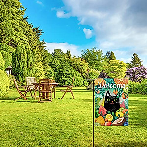 Dyrenson Welcome Summer Black Cat Lemon Watermelon Tropical Decorative Garden Flag, Yard Outside Decoration Outdoor Small Decor 12x18
