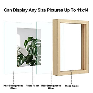 Egofine 11x14 Floating Frames Set of 2, Double Glass Picture Frame, Made of Solid Wood Display Any Size Photo up to 11x14, Wall Mount or Tabletop Standing, Natural Wood