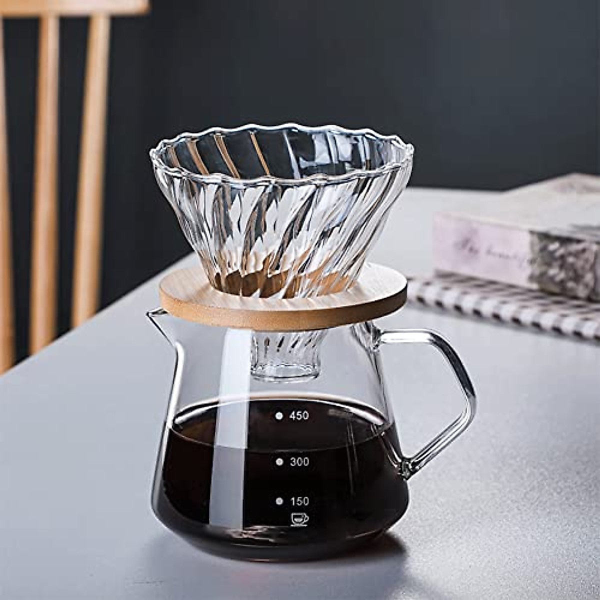 COFISUKI Pour Over Coffee Maker - 600ML Glass Carafe Coffee Server with Glass Coffee Dripper/Filter, Drip Coffee Maker Set for Home or Office, 1-4 Cups