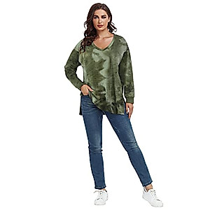 LARACE Tie Dye Sweatshirts for Women Plus Size Tops V Neck Side Split Shirt Casual Long Sleeve Pullover Tee(E-Olive 2X)