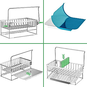 JANE EYRE Kitchen Sink Caddy - Sponge Brush Holder with Removable Slope Drip Tray SUS304 Stainless Steel Rustproof Sink Rack,(H) 9 in x (D) 5.5 in x (L) 9.84 in (Silver)