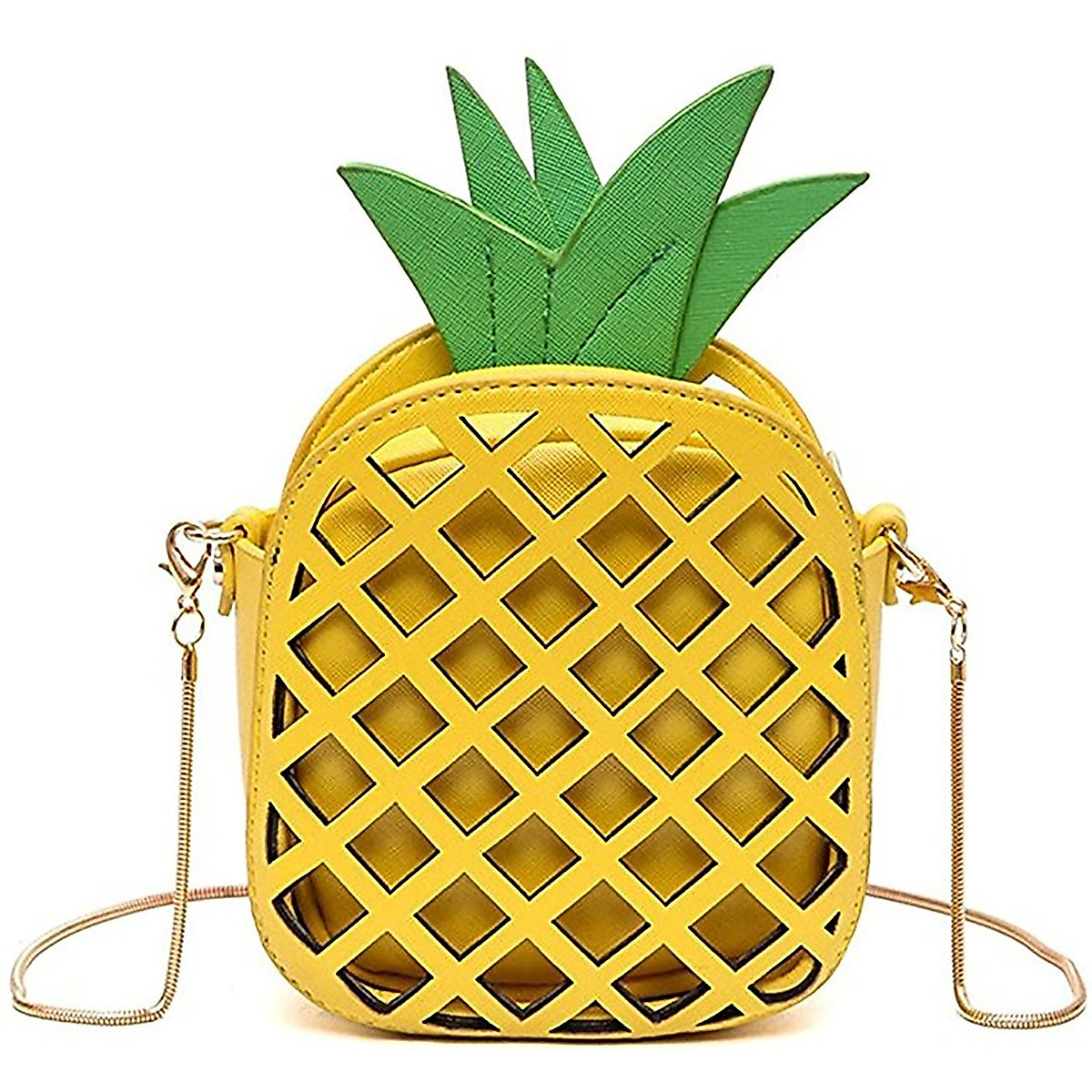 QZUnique Fruit Shape Handbag PU Crossbody Metal Chain Shoulder Bag Adjustable Strap Clutch Jelly Purse Pineapple