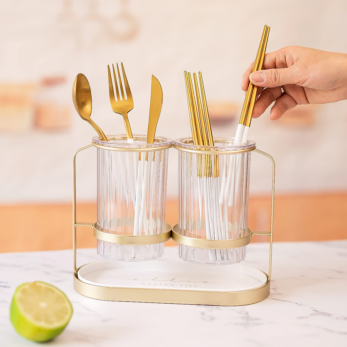 Kitchen Utensil Holder for Countertop 2 Clear White Cups with Gold Iron Frame Cooking Utensil Crock Chic Modern Cutlery Caddy Practical Utensil Pot for Counter for Fork Spoon Knife Flatware Silverware