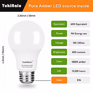 YukiHalu LED Amber Light Bulbs, A19 1800K E26 800Lm, 60W Equivalent Soft Warm Sleep Light Bulbs for Healthy Sleep, Baby Nursery Light, Bedroom Night Light, Not-Dim, 2-Pack