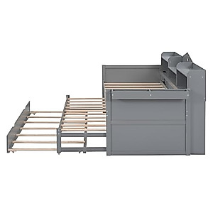 Bellemave Twin XL Daybed Captain Bed with 2 Twin Trundles and Storage Shelf Wooden Day Bed with USB Charging Ports for Kids, Boys and Girls No Box Spring Needed (Grey)