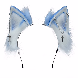 VIGVAN Animal Cosplay Ears, One Size, Black Cat Ears Headband with Chain (Blue)