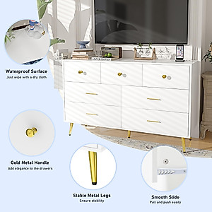 Fushimuma White Dresser for Bedroom, 7 Drawer Dresser with Charging Station, Wood Chest of Drawers with Gold Handles, Modern Dressers & Chests of Drawers for Living Room, Hallway