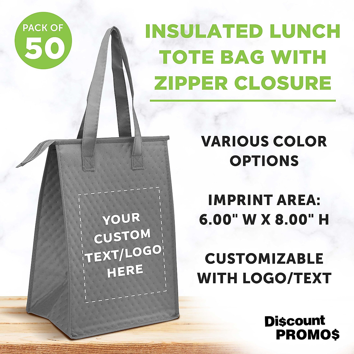 Discount Promos Custom Zipper Insulated Lunch Tote Bags Set of 50, Grey, Unisex