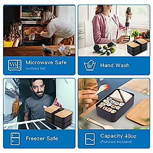 Collect Beauty Stackable Lunch Container with Bamboo Lid Bento Box for Adult with Lunch Bag and Flatware Set Black