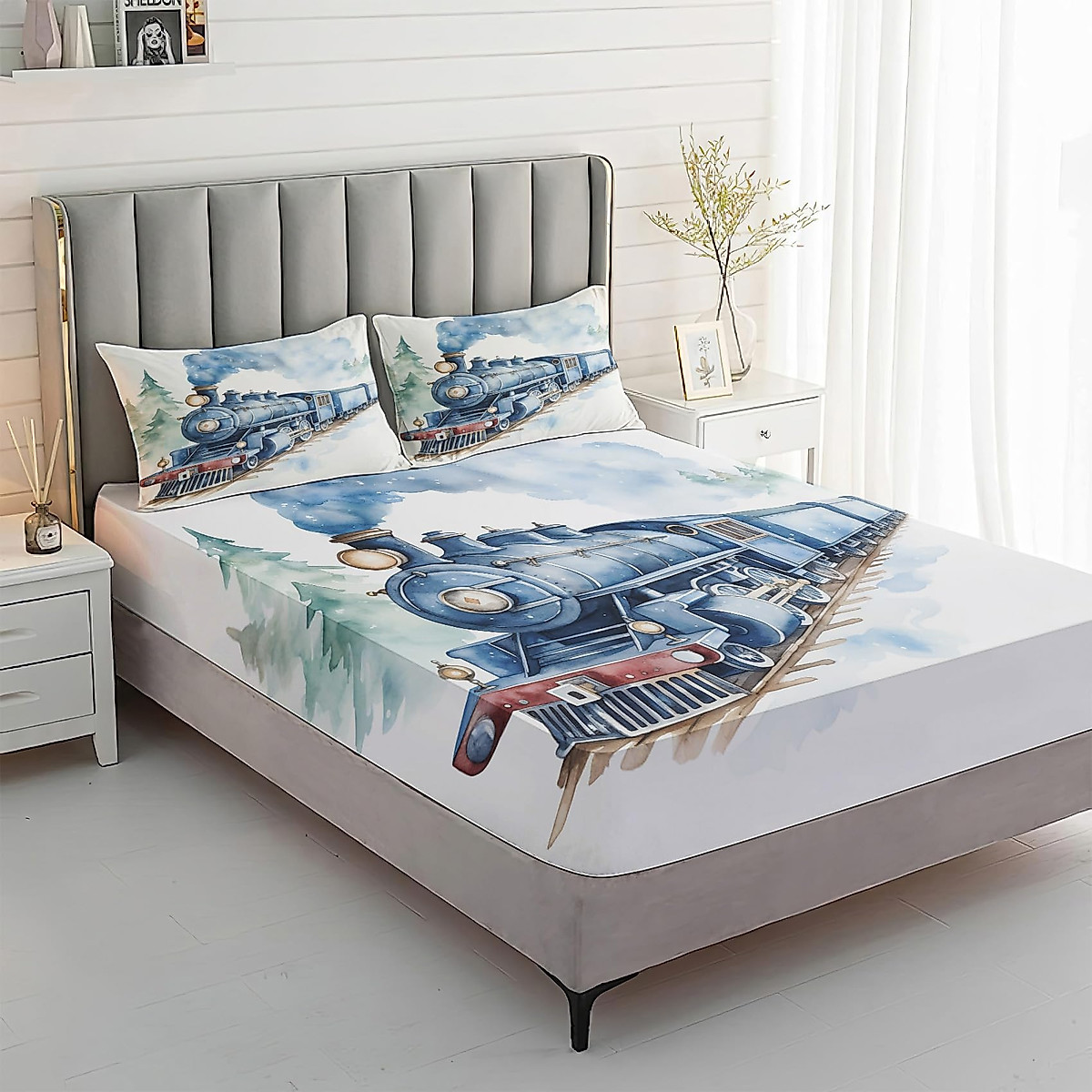 MPNVYU Train Kids Boys Sheets Twin XL Sheet Set, Steam Engine Bed Sheets, Locomotive Bedding Bedroom Decor, Soft Microfiber Deep Pocket Fitted Sheet & Flat Sheet & 1 Pillowcase