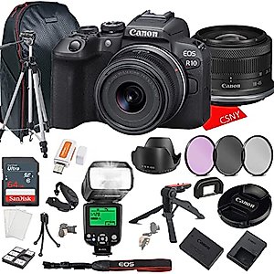 Canon EOS R10 Mirrorless Camera w/RF-S 18-45mm f/4.5-6.3 is STM Lens + 64GB Memory + Back Pack Case + Tripod, TTL Flash, Filters, & More (28pc Bundle)