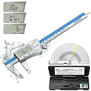 CAMWAY Digital Caliper Waterproof + 32PCS Feeler Gauge, Digital Caliper 150 mm,6 Inch Stainless Steel Electronic Vernier Caliper Fractions/Inch/Metric Measuring Tool