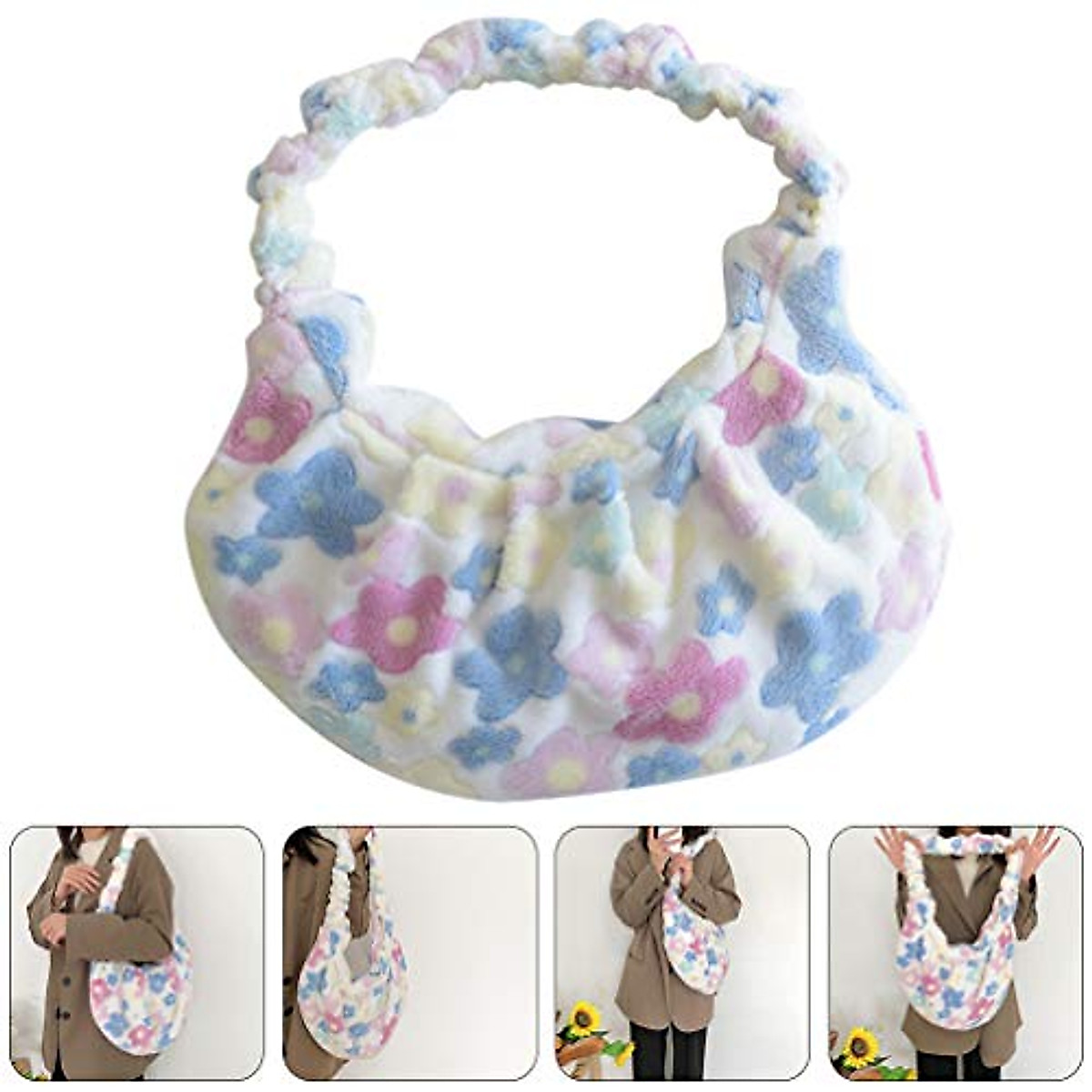 VALICLUD Hobo Bag Large Capacity Furry Handbag Shoulder Tote Bag Fluffy Purse Floral Flower Purse for Women