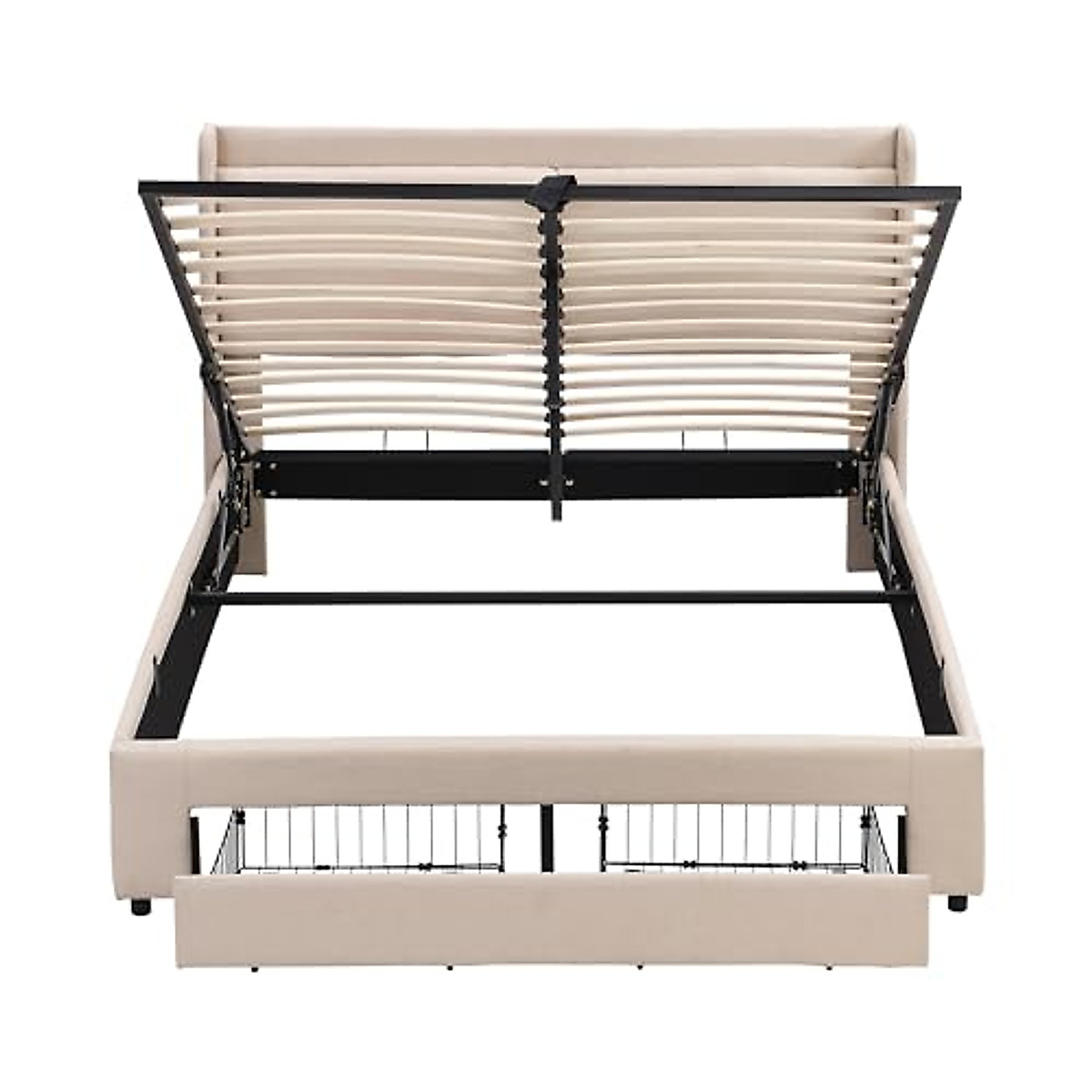 BOVZA Queen Size Lift Upholstered Platform 2 Drawers, Modern Wingback Headboard, Hydraulic Storage Bed Frame, Linen Beige