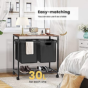 VIVOHOME Pull Out Laundry Hamper, 2-Compartment Laundry Basket with Shelf and Wheels, 2 x 30L Removable 600D Oxford Fabric Laundry Bags, Rustic Brown and Black