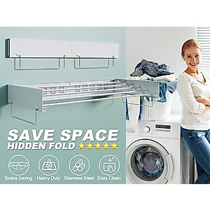 SKIKEN Wall Mounted Hidden Drying Rack for Laundry Room, Wall Compact Clothes Drying Rack, Space Saving Master, Collapsible and Pull-Out, 5 Stainless Steel Rods, 2 Towel Handles (Medium-32, White)