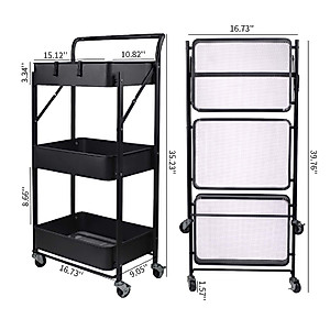 totolot 3-Tier Collapsible Rolling Utility Cart with Lockable Caster Wheels, Metal Storage Cart for Classroom, Office, Bathroom, Black