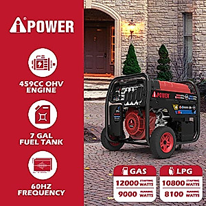 A-iPower SUA12000ED 12000 Watt Portable Generator Heavy Duty Gas & Propane Powered with Electric Start for Jobsite, RV, ED, Whole House Backup Emergency