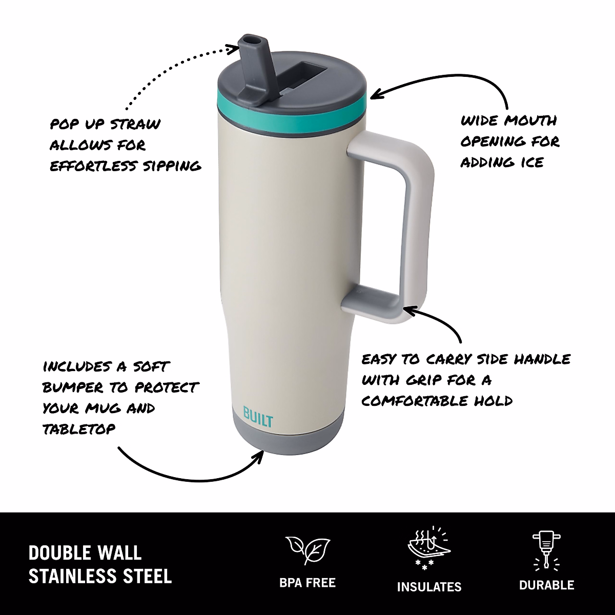 Built 40 oz Cascade Flip Straw Tumbler, Double Wall Insulated Tumbler, Gym & Sport Bottles - Stainless Steel & Straw Lid, Leak-Proof, Soft Base, Portable BPA-Free (Pacific Blue)