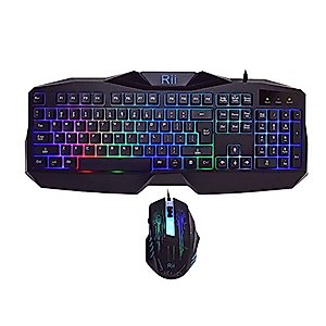 Rii Gaming Keyboard and Mouse Combo,LED Rainbow Backlit USB Wired Computer Keyboard 104 Key,Spill-Resistant Design,Ergonomic Wrist Rest Keyboard Mouse Set for Windows PC Gamer. Black