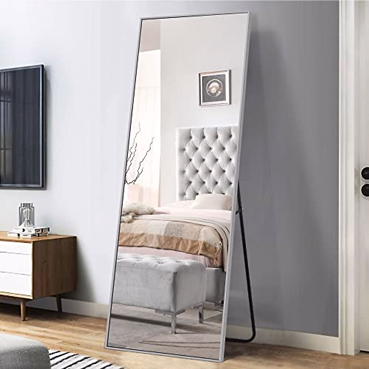 MAYEERTY Full Length Mirror 64"x21" Floor Mirror with Stand Large Mirror for Bedroom Standing Mirror Aluminum Alloy Thin Frame Wall Mirror Standing/Hanging Mirror, Silver (JJ00372ZZV-USAM027)