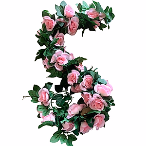 MUYG 2 Pack Artificial Rose Vine Garland Fake Roses Flowers Plants Vines Hanging Floral Leaves Decoration for Wedding Party Table Garden Arch Wall Home Room Decor(Pink)