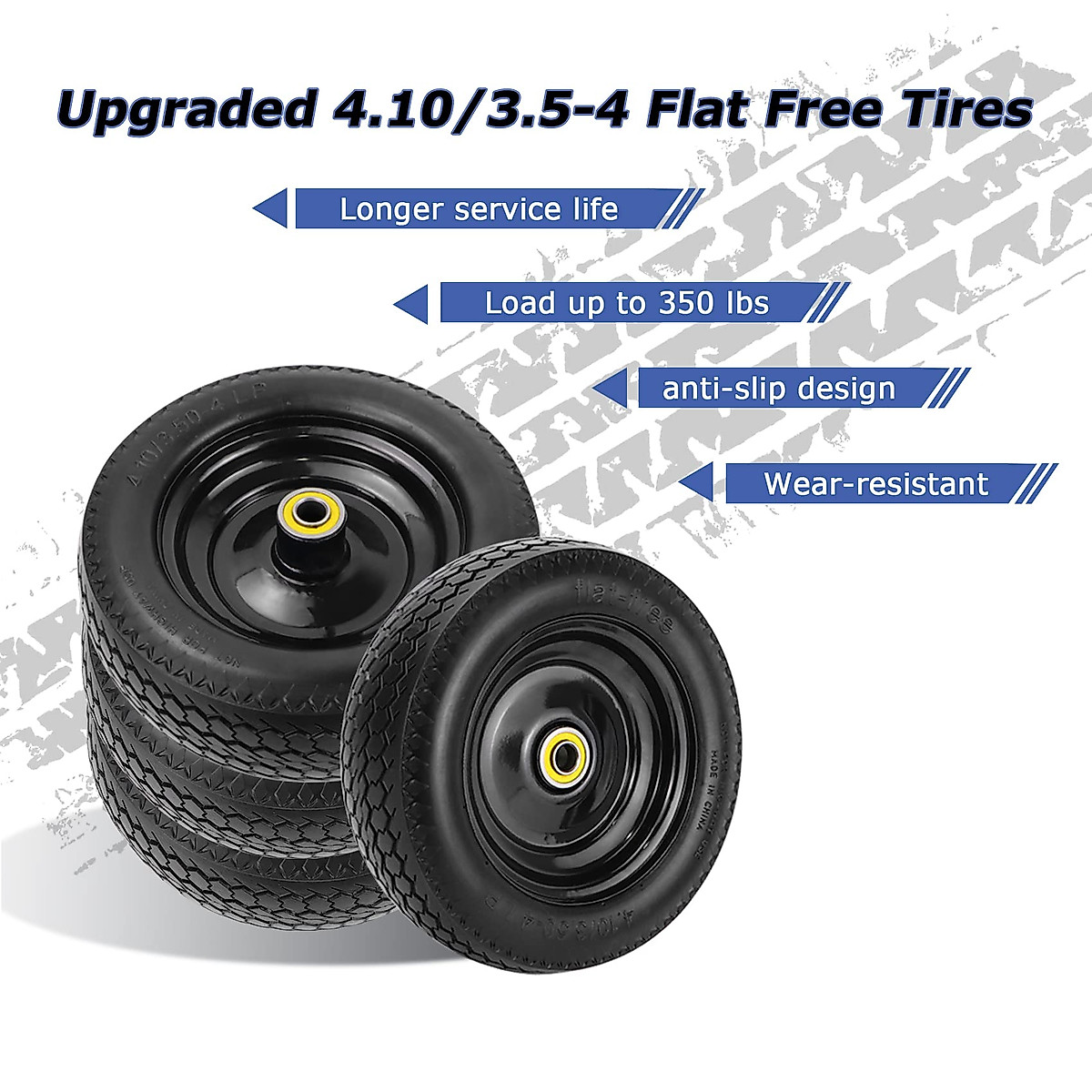 Upgraded 10" Flat Free Wheels Compatible with Garden Cart, 4.10/3.50-4" Replacement Solid Tires with 5/8″ Bearings, Solid Rubber Wheels for Garden Carts/Hand Truck-4PCS
