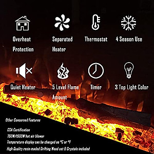 Masarflame 36 Inches Electric Fireplace, Ultra-Narrow Bezel Recessed Electric Fireplace Insert, Fireplace Heater with Adjustable Top Light, Timer, Thermostat, Remote Control, 750W/1500W