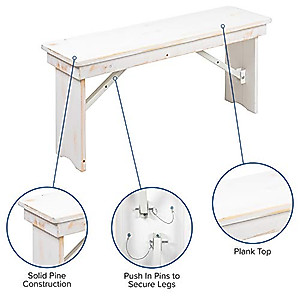 EMMA + OLIVER 40" x 12" Antique Rustic White Solid Pine Folding Farm Bench - Portable Bench