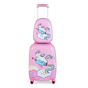 Olakids Kids Luggage Set, 12’’ Travel Backpack and 18’’ Carry on Suitcase with Wheels for Children Boys Girls, 2 Pcs Rolling Spinner Trolley Case Gift for Toddlers (Pink Unicorn)