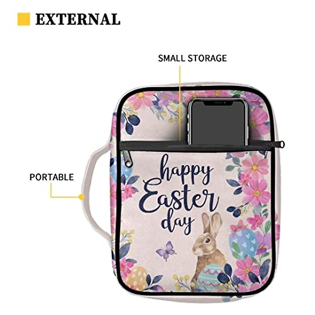Drydeepin Happy Easter Day Cute Rabbit Bunny Print Bible Gift Bible Covers for Kids Lightweight Bible Carrying Case with Zipper Bible Bag and Totes Bible Study Supplies