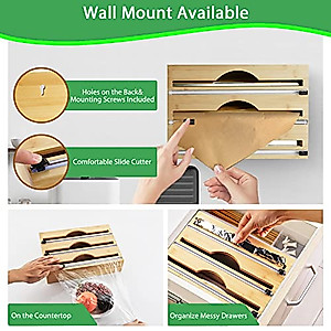 3 in 1 Wrap Dispenser with Cutter and Labels,Foil and Plastic Wrap Organizer for Kitchen, Storage Organizer for Aluminum Foil and Wax Paper,Wall Mount Bamboo Roll Organizer Holder，Send Slide Knife