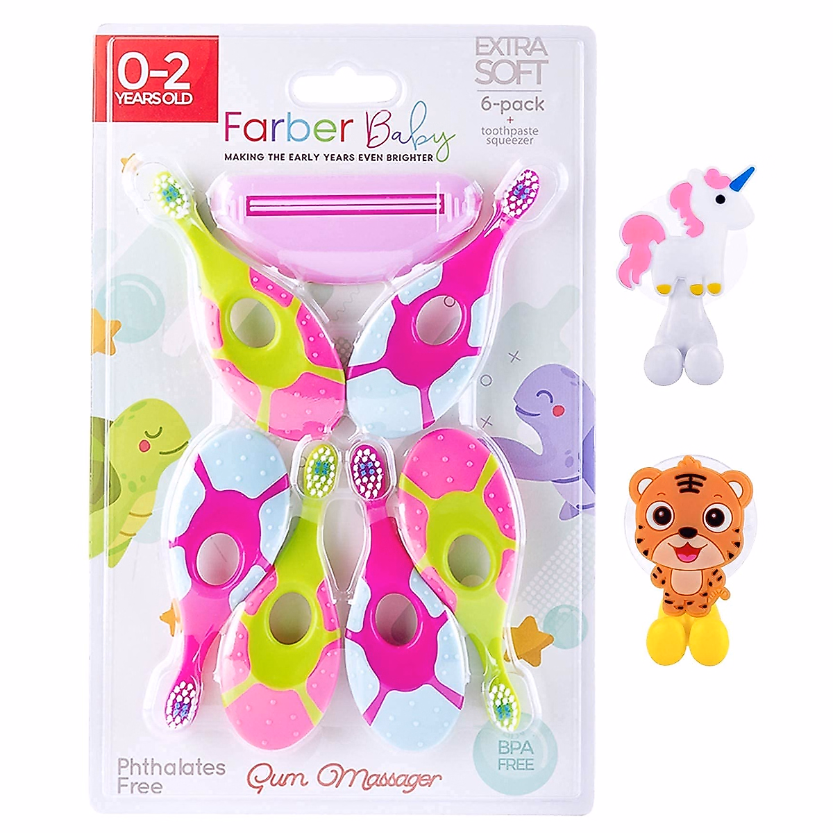 Farber Baby Toddler Toothbrushes Set – Infant Toothbrush 6 Pack with Compact, Soft Bristles and Easy Grip Handle Includes 2 Suction Cup Toothbrush Holders and Toothpaste Squeezer (Pink)