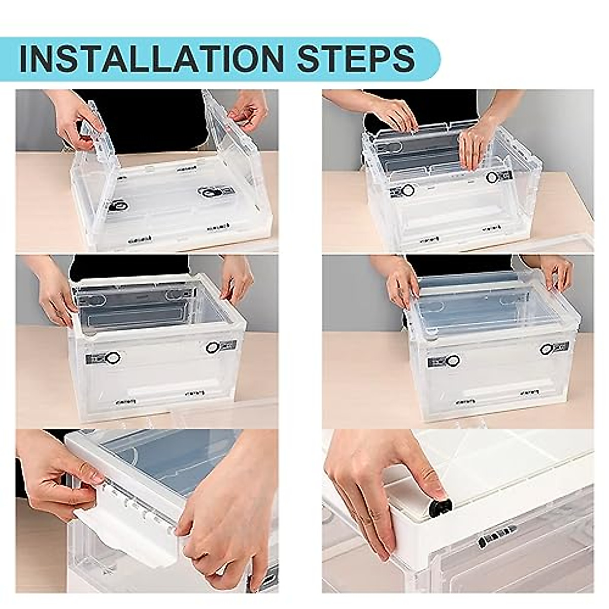 4utoHydra 4 PCS Collapsible Storage Bins, 80L Plastic Storage Bin Organizing Container with Lid and 4 Wheels, Clear Folding Plastic Container, Storage Organizer Five Doors with Secure Latching Buckles ( Extra Large , White)