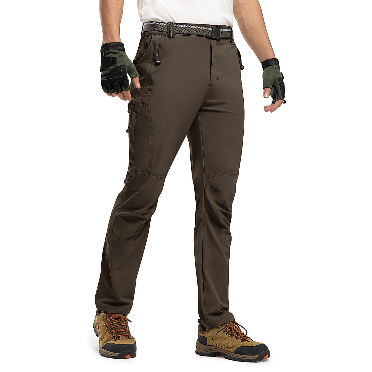 TBMPOY Men's Lightweight Hiking Pants with Belt 5 Zip Pockets Waterproof Quick-Dry Travel Fishing Work Outdoor Pants Thin Brown M